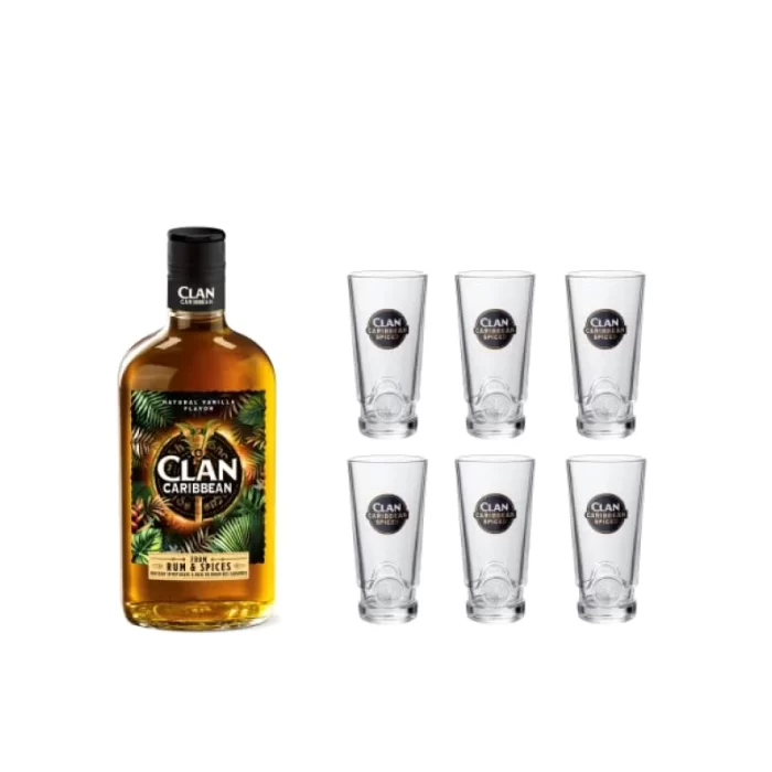 CLAN CARIBBEAN Rhum épicé 35% 70cl + 6 verres